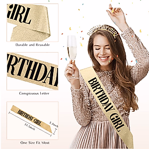 PQRUU Birthday Sash for Women Gold Birthday Girl Sash Glitter Birthday Sash and Tiara for Women Birthday Crowns for Women Happy Birthday Decorations Accessories Rhinestone Birthday Girl Headband