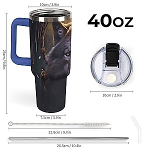 40 Oz Vacuum Tumbler with Deep Blue Handle Leakproof Insulated Tumbler Wolves And Dream Catchers Stainless Steel Travel Mug with Lid And Straw Coffee Cup Cute Water Bottles Cup Holder Friendly