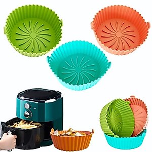 LAVOZZA 3pcs 5.5inch Air Fryer Silicone Liners,Heat Resistant Reusable Round Tray Silicone Lined,Fits 1-3 QT Air Fryer Microwaves, Ovens, etc.（Orange/Blue/Green）