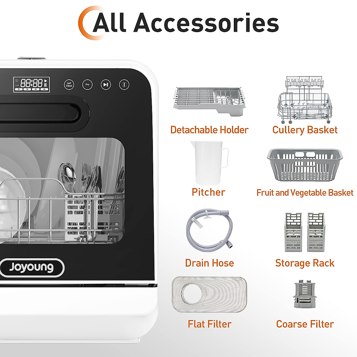 JOYOUNG Portable Countertop Dishwasher, 5L Built-in Water Tank, 5 Washing Programs with Air-Dry Function, 360° Dual Spray Arms, Compact Size and Large Capacity for a Family of 6