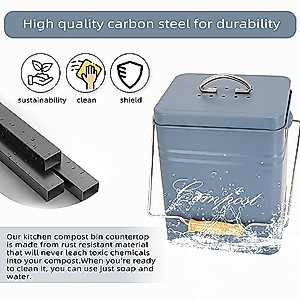 Countertop Compost Bin for Kitchen - Rustic Farmhouse Countertop Composting Container - 1.7 Gallon Carbon Steel Pail for Food Scraps - Metal Bucket with Lid, Wooden Handle & Charcoal Filter