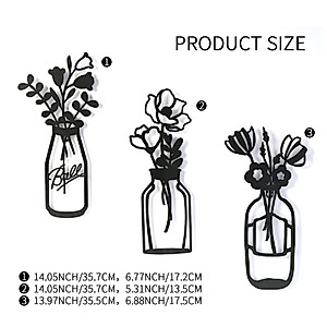 Set of 3 Metal Vase Flowers Wall Art Metal Flower Minimalism Metal Flower Wall Art Decor Hanging for Home Bedroom Bathroom Kitchen Garden Outdoor and Indoor Housewarming Gift(Black)