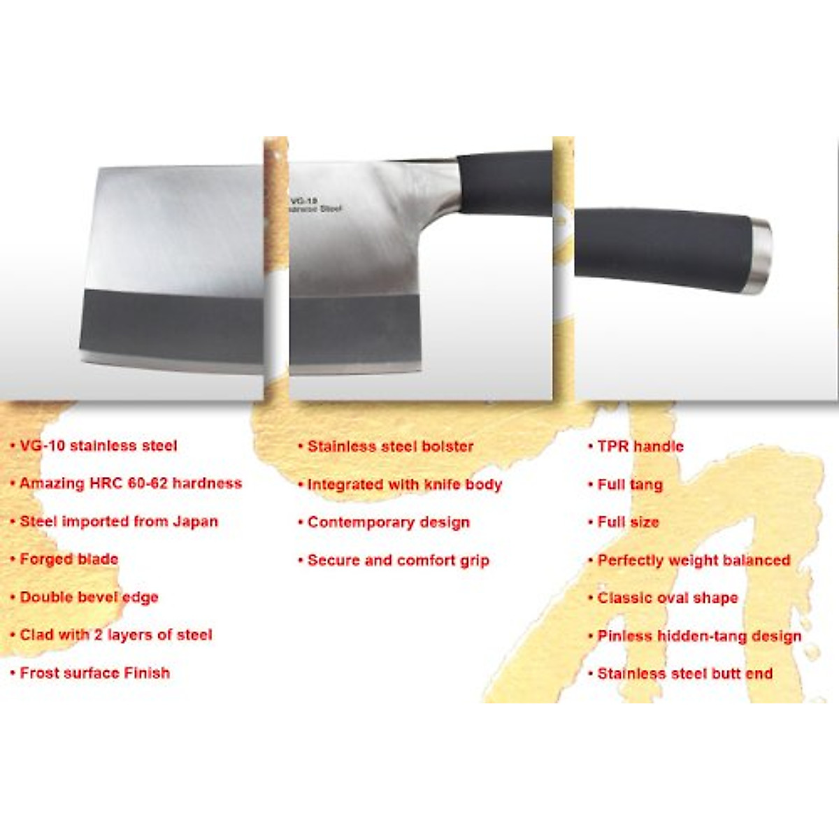 ZHEN Japanese VG-10 3-Layer Forged High Carbon Stainless Steel Light Slicer Chopping Chef Butcher Knife/Cleaver, 6.5-inch, TPR Handle -,Black