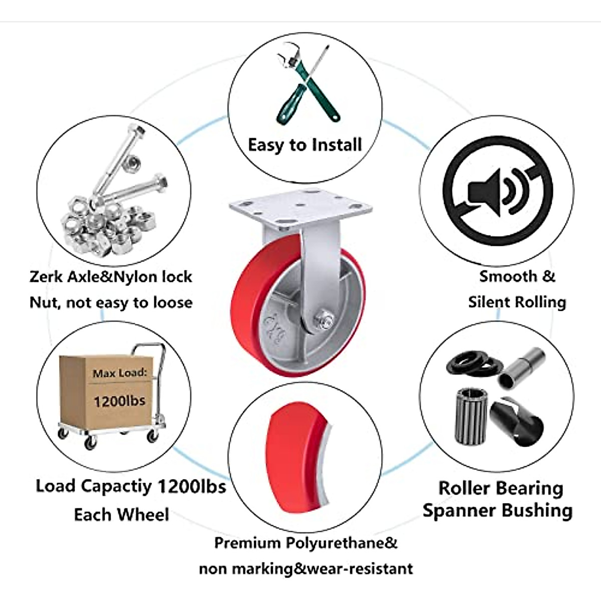 6"X 2" Heavy Duty Casters - Industrial Casters Polyurethane Caster with Strong Load-bearing Capacity 1200 LB, Rigid Caster, Widely Used in Furniture,WorkBrench,Tool Box(1 Rigid)