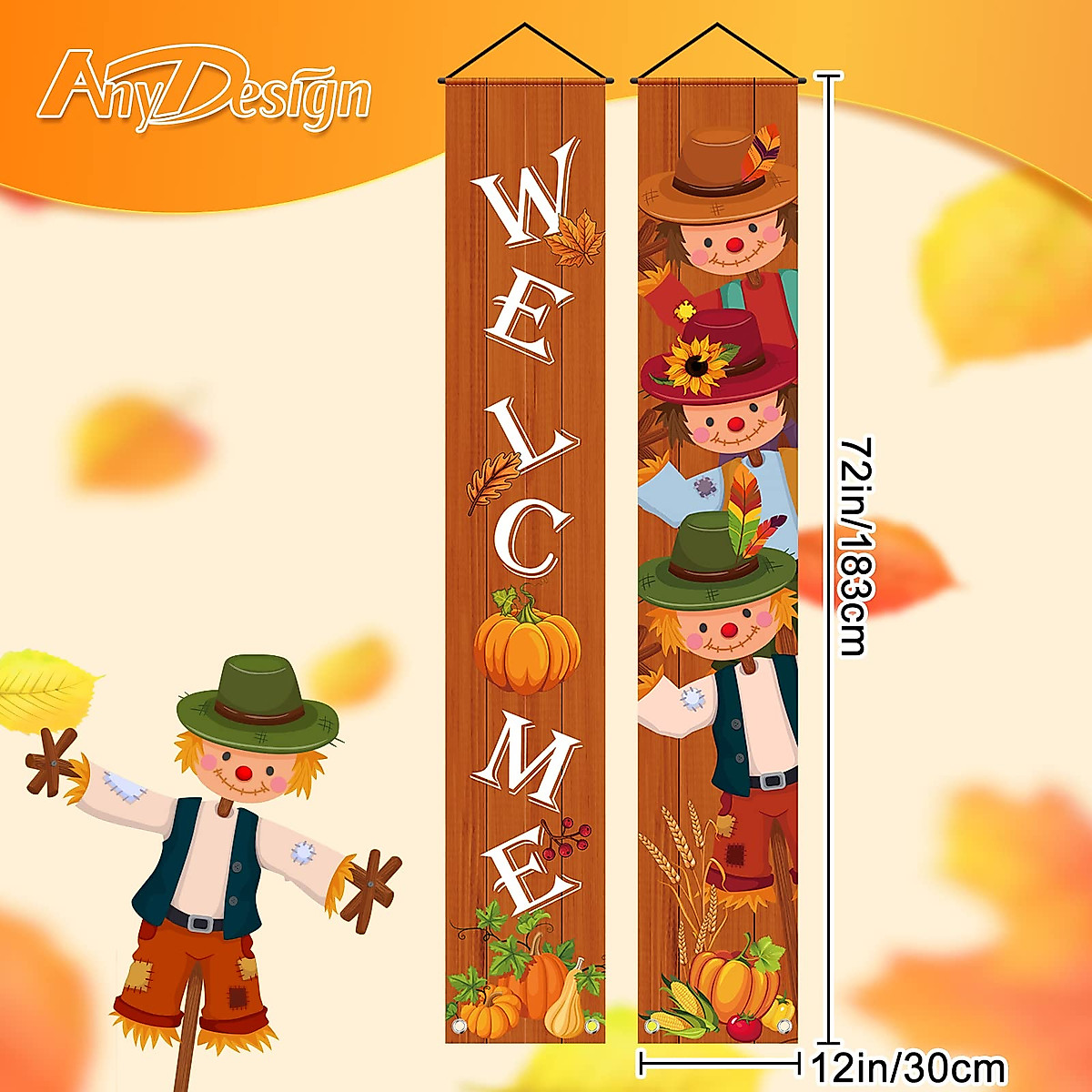 AnyDesign Scarecrow Welcome Hanging Banner Fall Thanksgiving Autumn Harvest Porch Sign Cute Cartoon Scarecrow Front Door Sign for Indoor Outdoor Home Wall Decoration, 12 x 72 Inch