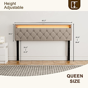 IKIFLY Upholstered Queen Size Headboard with LED Lights & 2 USB Ports - Adjustable Height - Button Tufted Linen Fabric Padded Headboard, Easy Assembly, Queen Headboard Only for Bedroom - Light Brown