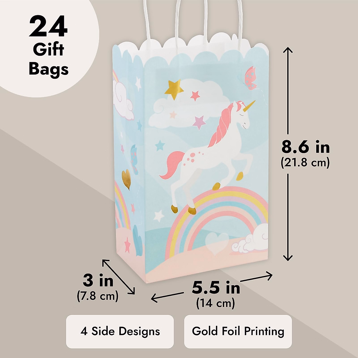 BLUE PANDA 24 Pack Small Unicorn Favor Bags with Handles, Pastel Rainbow Birthday Party Decorations (5.5 x 8.6 x 3 In)