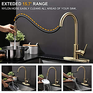 Tohlar Gold Kitchen Faucets with Pull-Down Sprayer, Modern Kitchen Sink Faucet Stainless Steel Single Handle Kitchen Faucet with Deck Plate, Brushed Gold