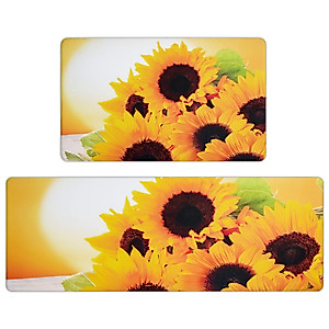 Sunflower Kitchen Mat Set Anti Fatigue 2 Piece, Floral Kitchen Rugs and Mats Non Skid Washable Waterproof, Cushioned PVC Kitchen Rug Comfort Mat for Kitchen Floor Sink, 18'' x 48''+18'' x 30'', Yellow