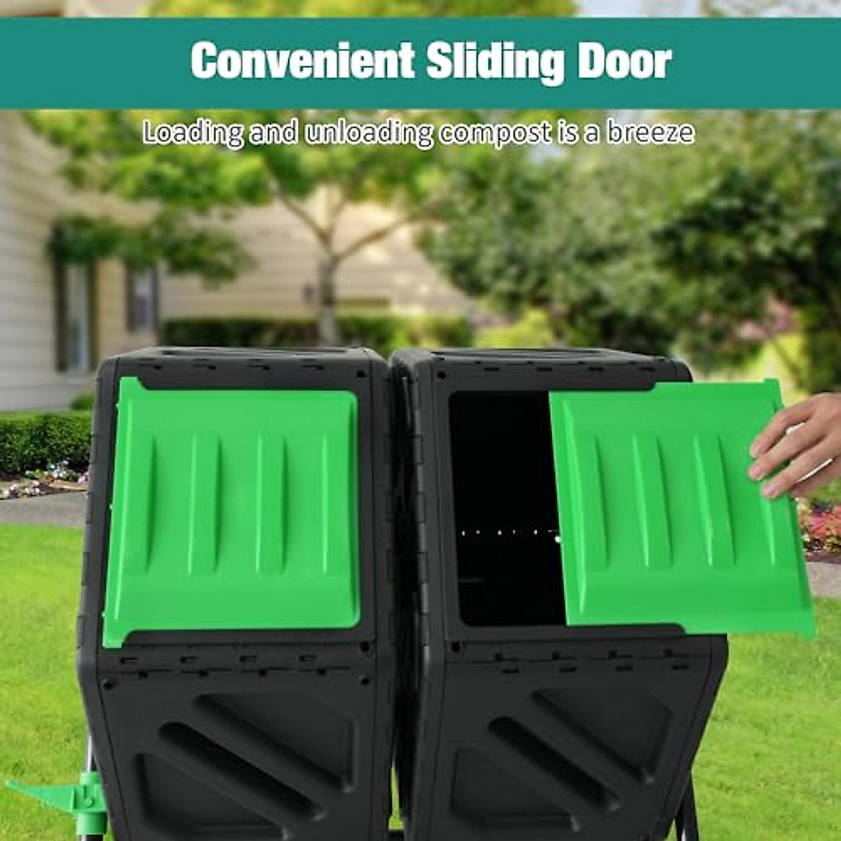 TRY & DO Outdoor Dual Chamber Compost Tumbler – Large Garden Tumbling Composter with 2 Sliding Doors and Lockable Brake - Rotating Compost Bin - 34.4 Gallon (2-17.2 Gal)