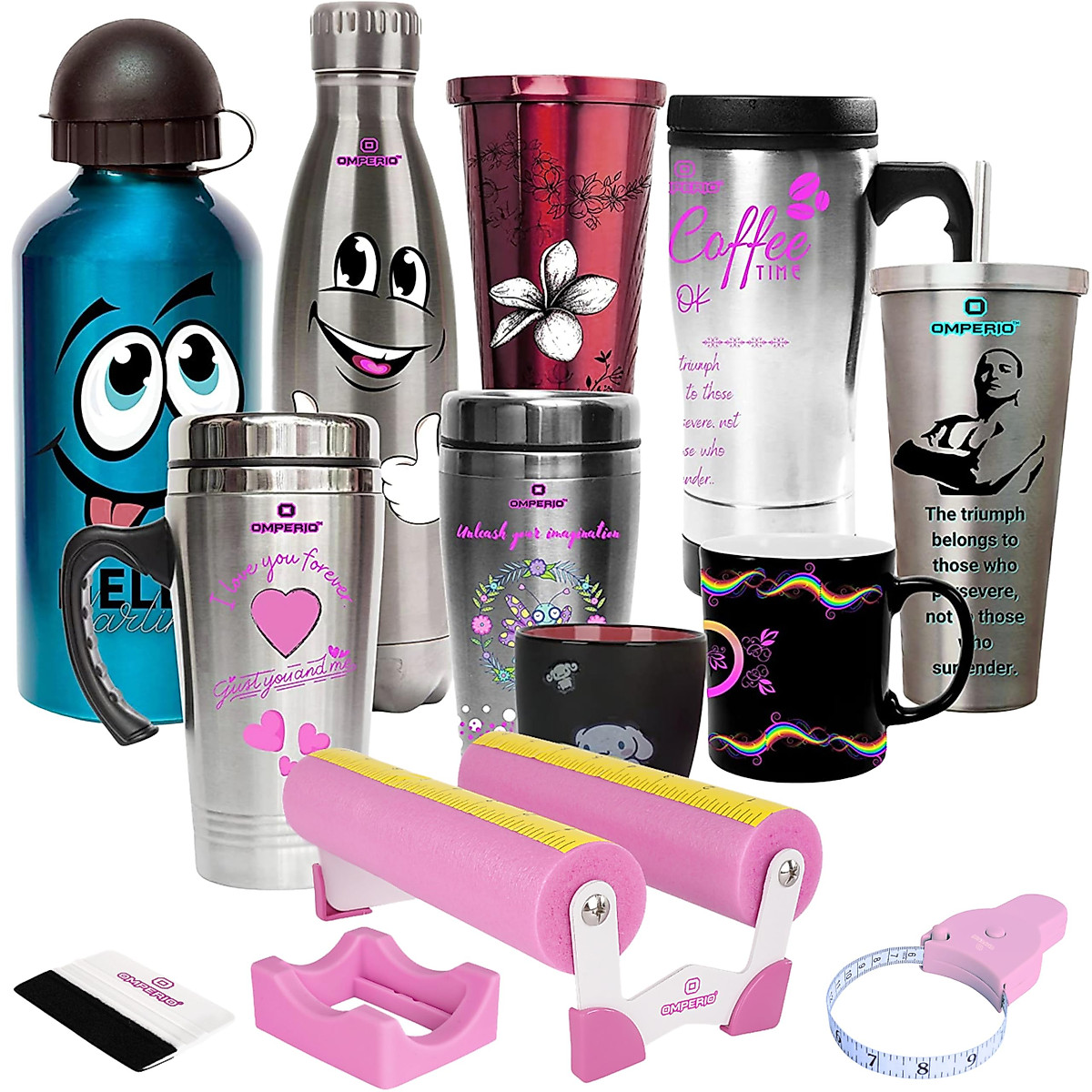 OMPERIO Cup Cradle for Crafting Tumbler, Cup Cradle for Tumblers with Felt Edge Squeegee to Apply Vinyl Decals with Measurements for Mugs (Pink)