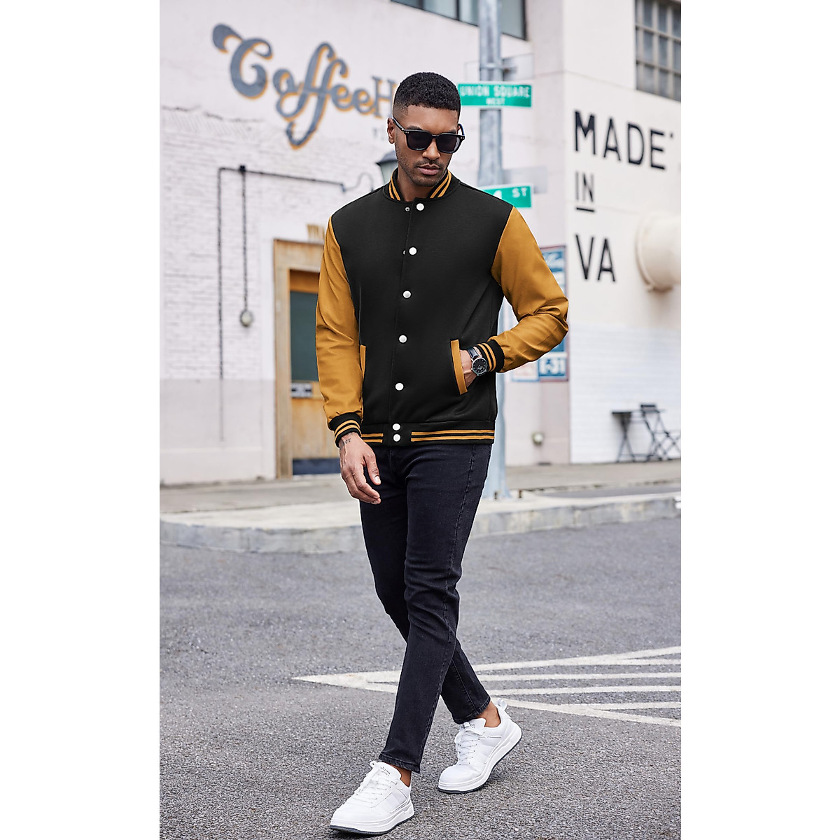 COOFANDY Mens Varsity Bomber Jackets Leather Varsity Letterman Jacket Letter A Winter Black-Yellow Medium