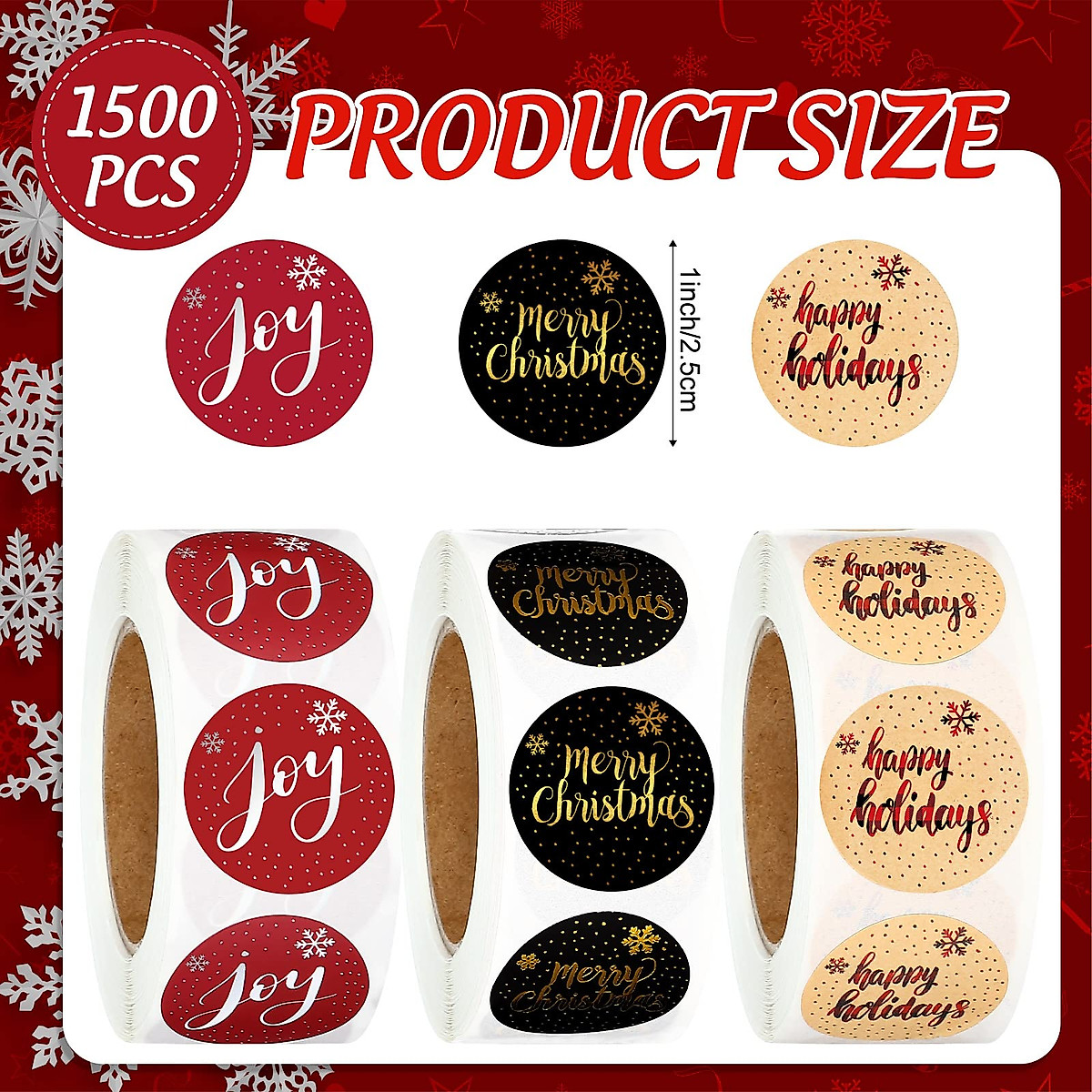1500 Pieces Joy Christmas Stickers for Envelopes Self-Adhesive Merry Christmas Sticker 1 Inch Round Happy Holiday Package Stickers Xmas Seal Labels Christmas Stickers Gift Wrapping Cards Decoration