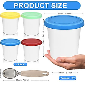 4 Pack Ice Cream Container Set (1 Quart Each) - Reusable Ice Cream Freezer Storage Tubs with Silicone Lids and an Ice Cream Scoop for Homemade Ice Cream, Sorbet and Gelato, Dishwasher Safe, BPA Free