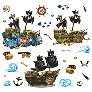 3D Pirate Ship Wall Decals Shipwreck Wall Stickers Underwater Theme DIY Removable Shipwreck Fish Jewelry Seaweed Coral Pearl Waves Sea View Wall Decor for Kids Boys Bedroom Nursery Playroom DT-4943