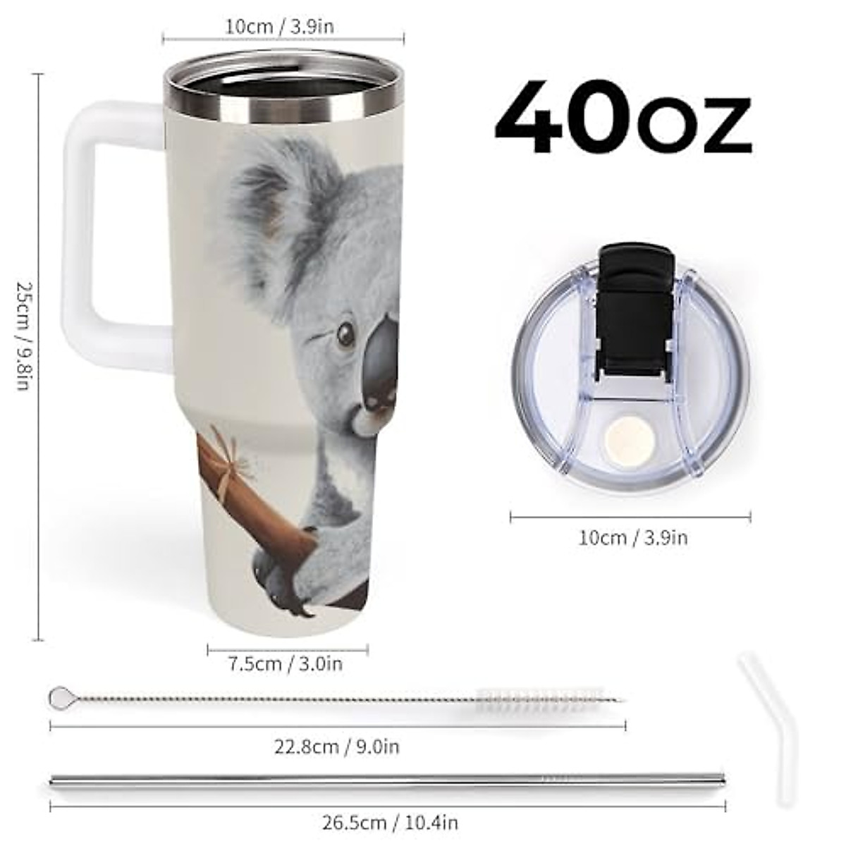 LLUTSNTH 40 Oz Vacuum Tumbler with White Handle Leakproof Insulated Tumbler Koala And Butterfly Stainless Steel Travel Mug with Lid And Straw Coffee Cup Cute Water Bottles Cup Holder Friendly