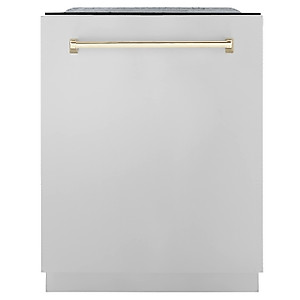 ZLINE Autograph Edition 24" 3rd Rack Top Touch Control Tall Tub Dishwasher in Stainless Steel with Gold Handle, 51dBa (DWMTZ-304-24-G)