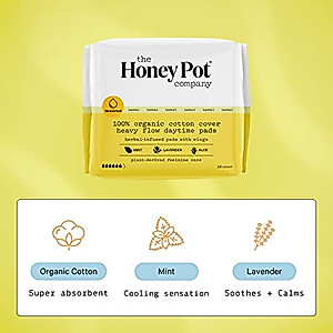 The Honey Pot Company - Daytime Heavy Flow Pads with Wings - Organic Pads for Women - Herbal Infused w/Essential Oils for Cooling Effect, Cotton Cover, & Ultra-Absorbent Pulp Core -16ct