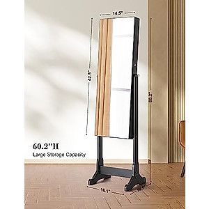 Nicetree Jewelry Cabinet with Full-Length Mirror, Standing Lockable Jewelry Armoire Mirror Organizer, 3 Angel Adjustable, Black