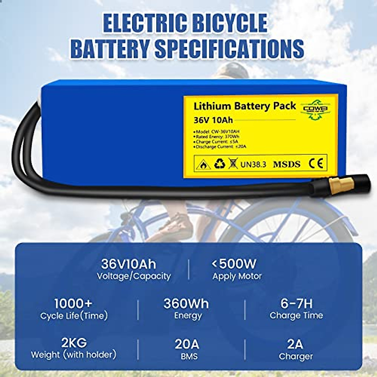 36V Ebike Battery for Electric Bike Bicycle, 36v 10ah Lithium Battery Pack for Scooter, 36 Volt Lithium Battery for Electric Bike Replacement , 20A BMS for 350w 500w 750w Motor ,42v 2A Charger (B-2)