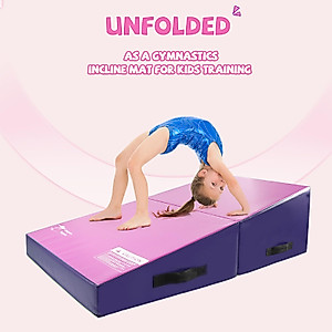 Kangaroo Hoppers Incline Gymnastics Mat, 48”x24”x14” Folding Wedge for Kids Tumbling, Skill Training, Multiple Colors Cheese Mat for Gymnastics, Home Gym Exercise, Pink/Purple