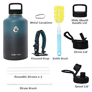 ZAKVOP 64 oz Insulated Water Bottle with Straws&3 Lids, Half Gallon Water Bottle Stainless Steel Double Walled, Big Water Jug with Paracord Handle, Large Metal Water Bottle for Gym