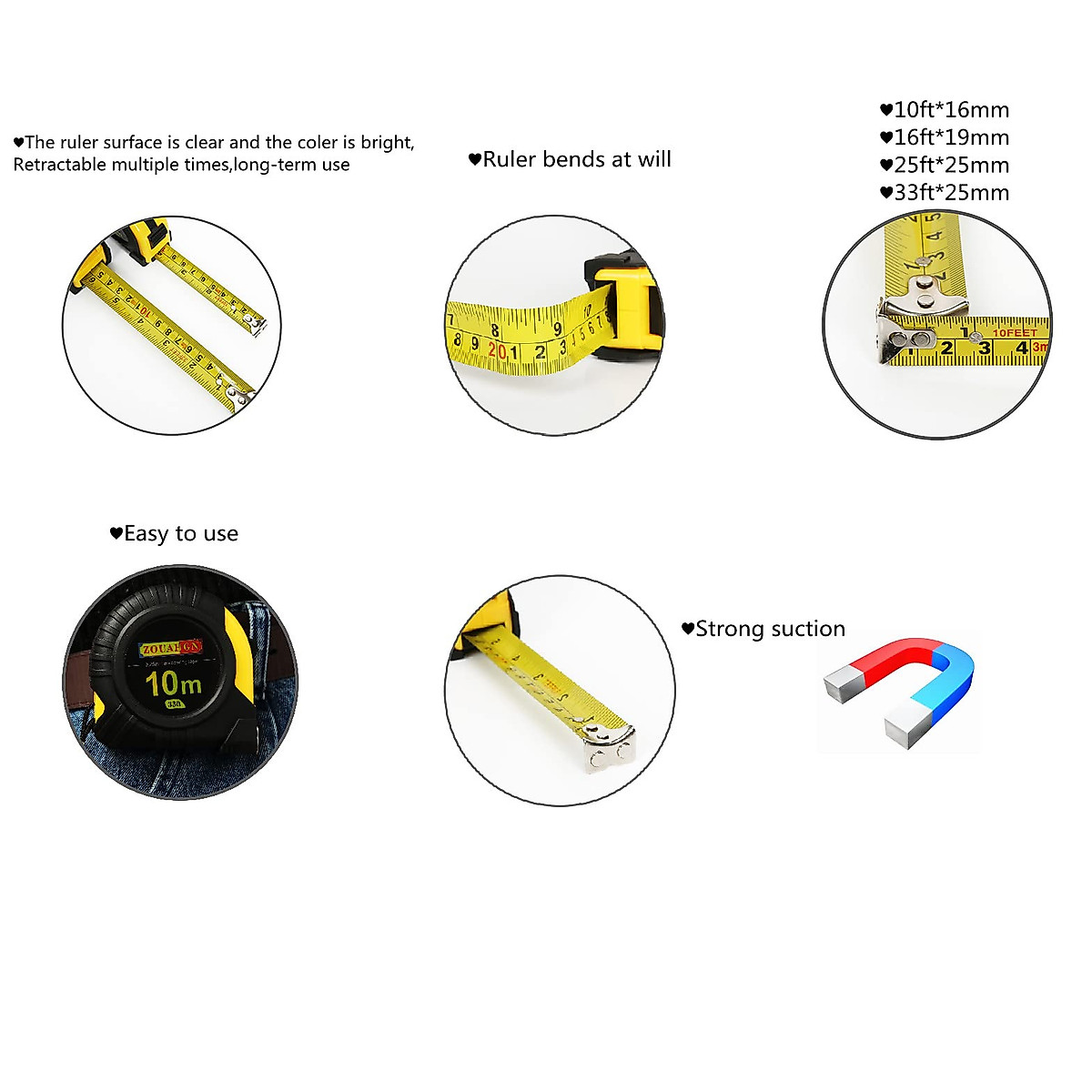 Tape Measure Retractable Metric and Imperial 10ft 16ft 25ft 33ft Measuring Tape with Magnetic Hook Impact Resistant Rubberized Case(25ft)