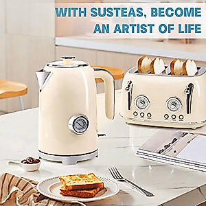 SUSTEAS Electric Kettle - 57oz Hot Tea Kettle Water Boiler with Thermometer, 1500W Fast Heating Stainless Steel Tea Pot, Cordless with LED Indicator, Auto Shut-Off & Boil Dry Protection, Beige