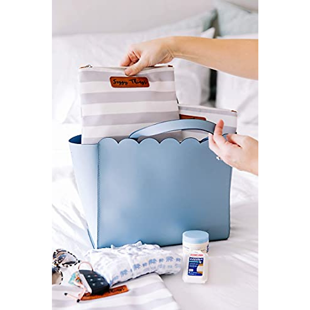 Stylish Diaper Bag Organizing Pouches - XL Set of 4 Gray and White Striped Canvas Diaper Bag Pouches with Leather Embossed Labels, Leather Wristlet Strap & Durable Metal Zippers