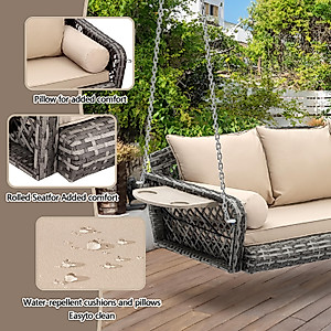 Decomax Wicker Hanging Porch Swing Chair 3-Seats Outdoor Gray Rattan Patio Swing Lounge with Cushions Cupholders Capacity 660lbs for Garden, Balcony, Living Room (Porch Swing with Armrest Pillows)