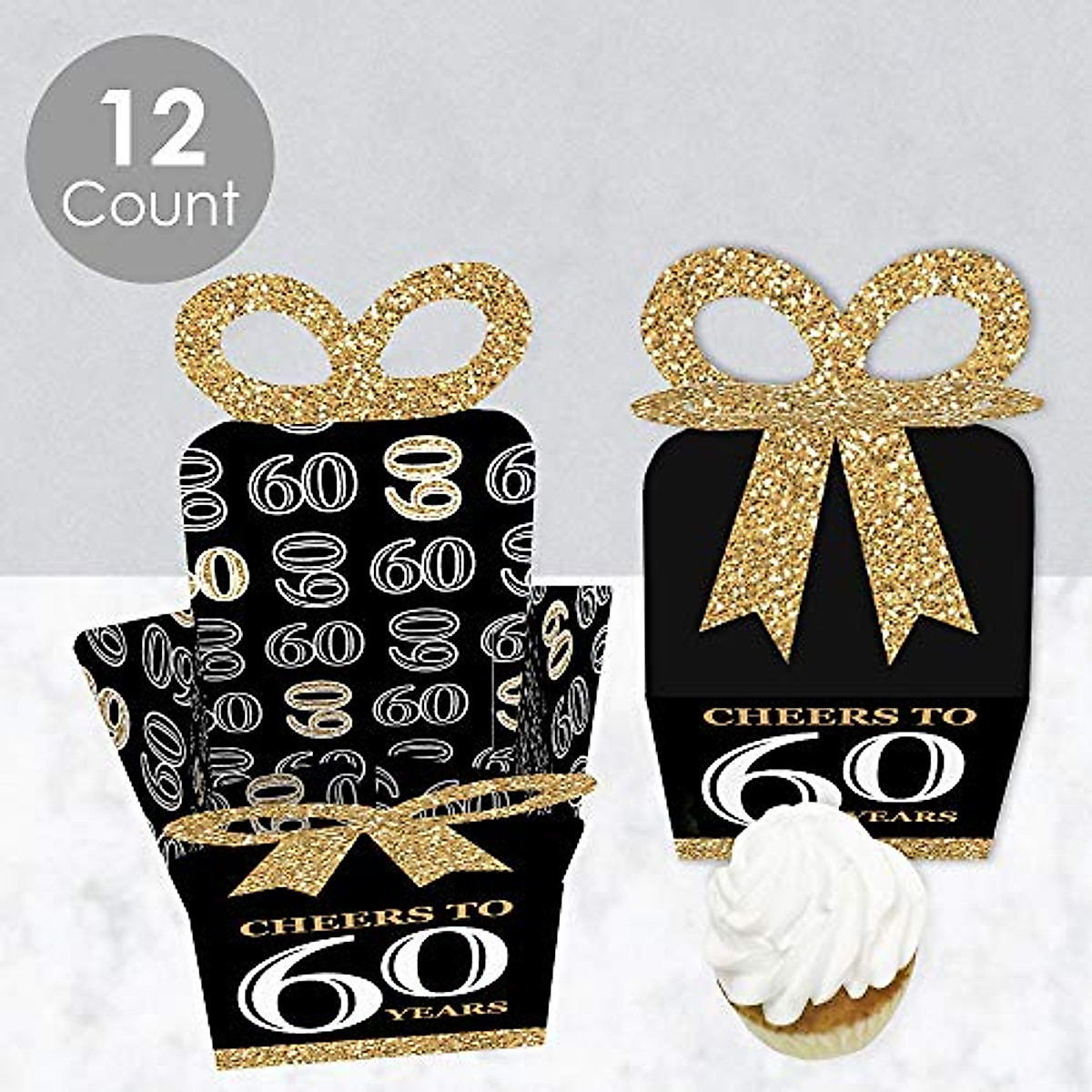 Big Dot of Happiness Adult 60th Birthday - Gold - Square Favor Gift Boxes - Birthday Party Bow Boxes - Set of 12