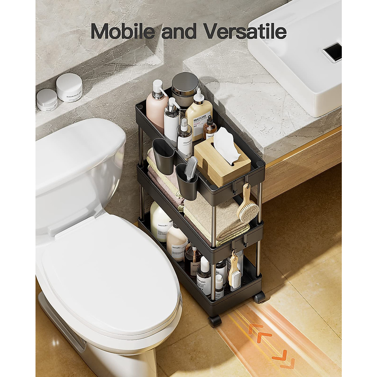 Pipishell Bathroom Cart, 2 Pack Slim Storage Cart Bathroom Organizer with Hanging Cups & Hooks, Bathroom Storage Rolling Cart for Bathroom, Laundry Room, Kitchen, Set of 2, PIUC07BK2