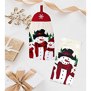 St. Nicholas Square Christmas Kitchen Print Towels, Set of 2, One Hanging Tie-Top with Button Loop Cotton Terry Towel Snowman Family for and Household Red, Black, Beige, Green, Orange 16 x 25 inches