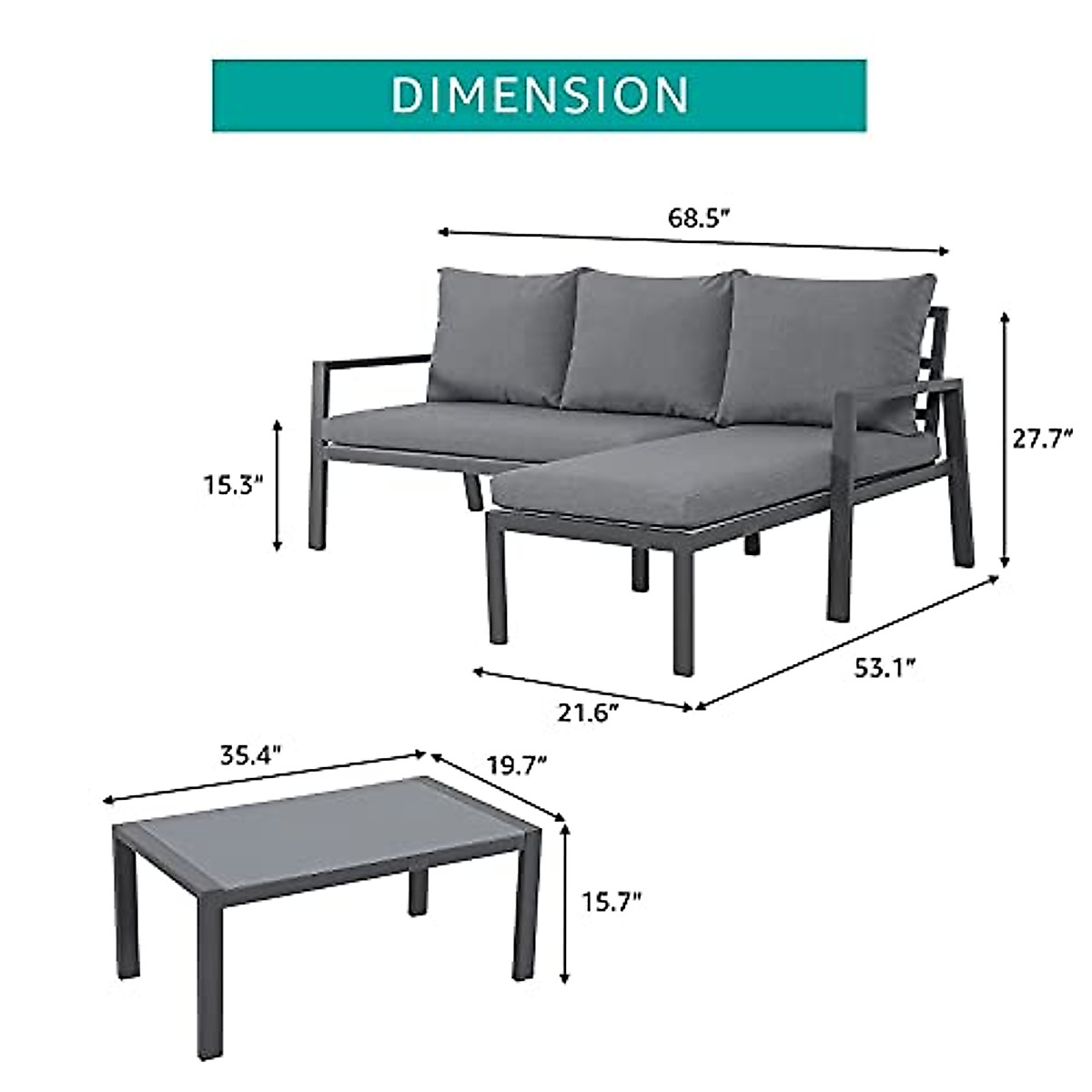 Soleil Jardin Outdoor Patio Furniture Set with Chaise Lounge, Aluminum Sofa Set for Porch Garden, Space Saving L-Shaped Corner Sectional Chair with Glass Coffee Table, Dark Grey Finish & Grey Cushion