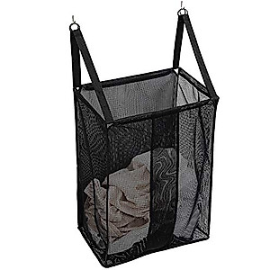 ALYER Wall Hanging Mesh Laundry Hamper,Over The Door Large Storage Bag with Big Metal Rim Opening,Hardware Included (Black)