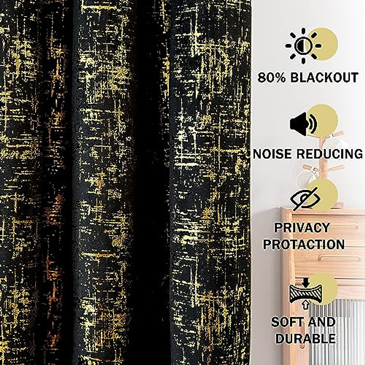 Tititex Luxury Golden Black Velvet Blackout Curtains 96 inch Length 2 Panels Sets for Bedroom Window Drapes Thermal Curtains with Grommets, Gold Foil Print for Living Room