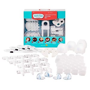 Toddleroo by North States Childproofing Deluxe Kit | 4 Door knob Covers, 34 Plug Protectors, 18 latches, 1 Pinch Protector, 4 Gel Corners, 4 Cabinet Locks | Baby proofing Set (65 Piece Set, White)
