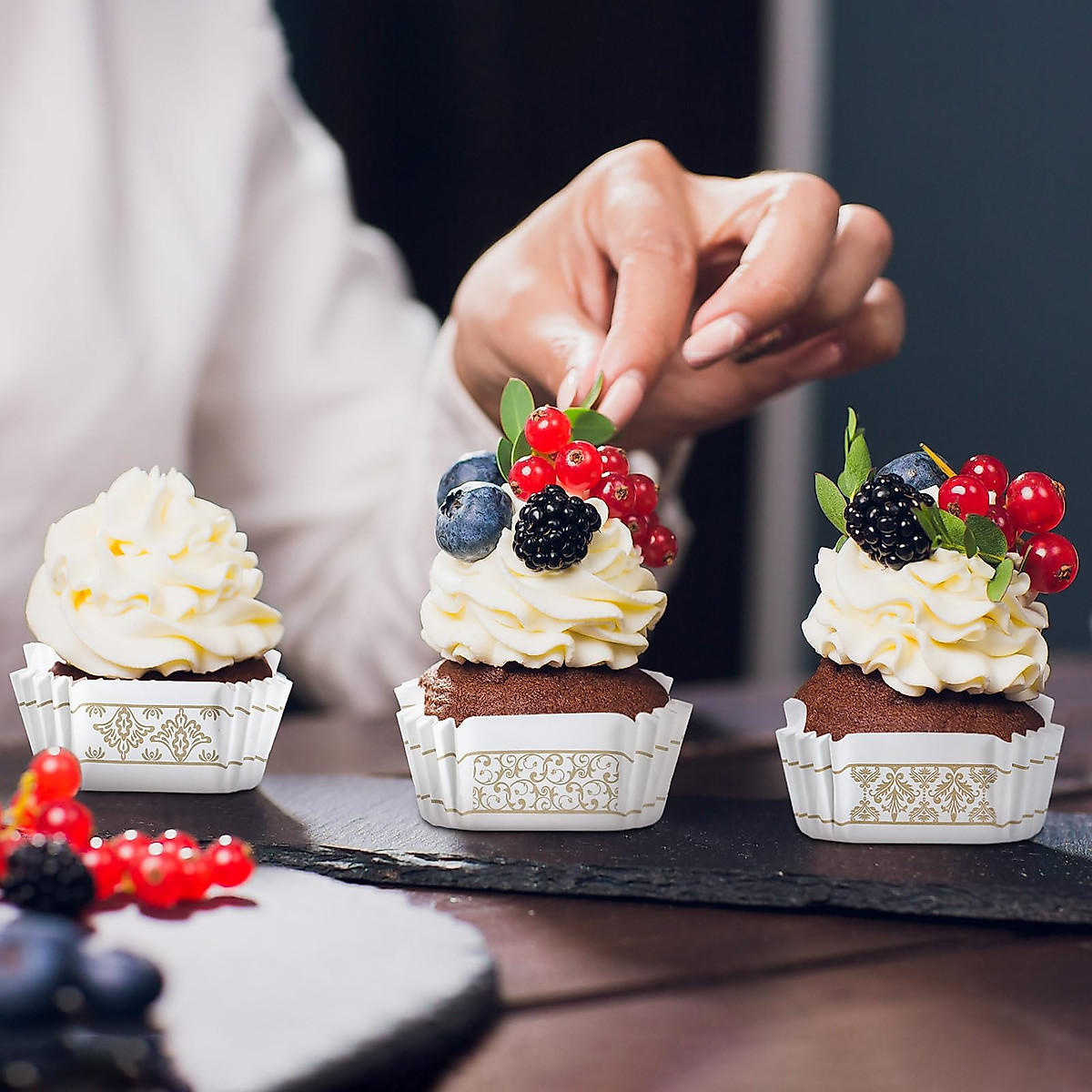 Maxcheck 300 Pcs Square Cupcake Liners 2.36 Inches Square Baking Cups Brownie Cupcake Cups Square Paper Patterned Cupcake Wrappers for Wedding Baby Shower Birthday Party Cake(European)