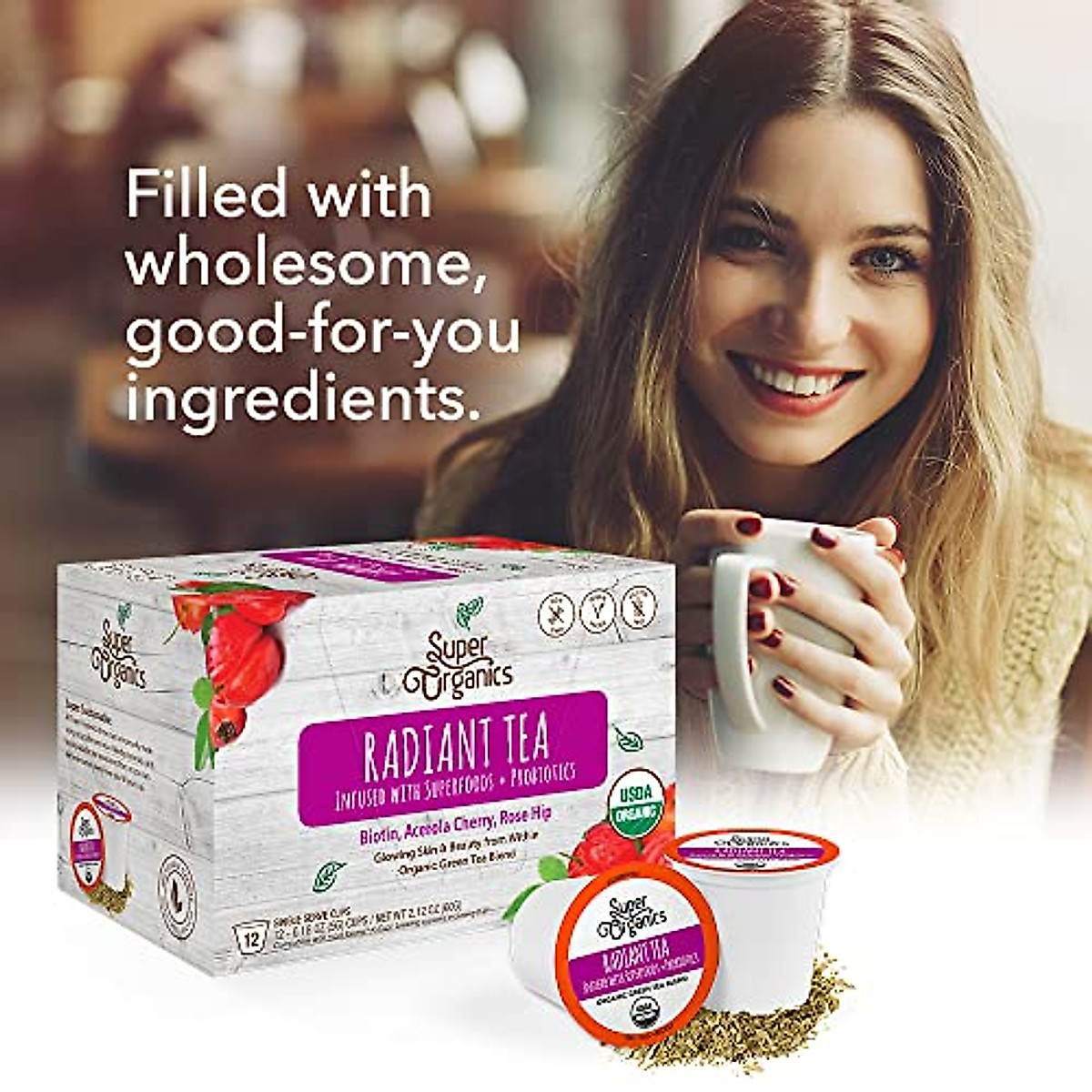 Super Organics Beauty Boost Green Tea Pods With Superfoods & Probiotics | Keurig K-Cup Compatible | Beauty Tea, Skin Care Tea | USDA Certified Organic, Vegan, Non-GMO Natural & Delicious Tea, 12ct