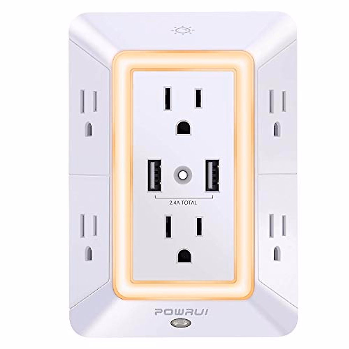 USB Wall Charger, Surge Protector, POWRUI 6-Outlet Extender with 2 USB Charging Ports (2.4A Total) and Night Light, 3-Sided Power Strip with Adapter Spaced Outlets - White，ETL Listed