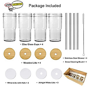 BGHEOUYV Glass Iced Coffee Cups with 8 Bamboo Lids and 4 Straws, 22oz Boba Cup,Glass Tumbler, Juice Bottles for Juicing, Bubble Tea, smoothie,coffee, 4 Pack