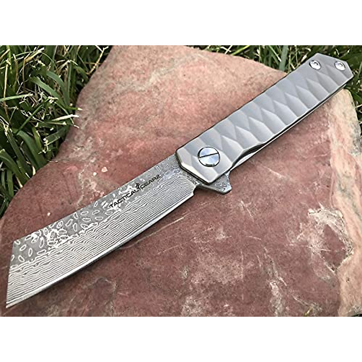 TACTICAL GEARZ Custom Damascus Steel EDC Pocket Folding Knife, Solid Tc4 Titanium Handle! Includes Sheath! For Outdoor Camping, Hiking, Gifts for Men, Birthday Gifts (Silver XS)