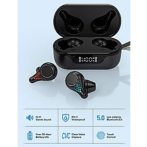 VEENAX T8 True Wireless Earbuds, Bluetooth Earphones Touch Control, TWS Sport Headphones with Mic CVC 8.0 Noise Reduction, Stereo in-Ear Headset with Bass, 30H Playtime/USB-C/IPX7 Waterproof, Black