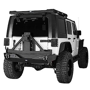 u-Box Wrangler JK Rear Bumper w/Spare Tire Carrier & Receiver Hitch & 2X LED Floodlights for Jeep Wrangler JK & JKU 2007-2018 - Different Trail