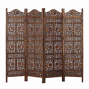 Hand Carved Sun and Moon Design Foldable 4 Panel Wooden Room Divider