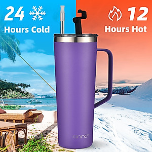 mininoo 24 oz Insulated Tumbler with Handle, Double Wall Vacuum Insulated Coffee Cup with Lid and Straw, Leakproof (Purple)