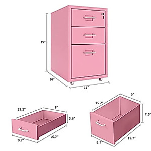 HIGOH Bedside Table Drawer Locker Under Desk Small Metal Lockable Bedside Table with Wheels for Office Home Pink