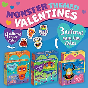 Peaceable Kingdom Valentines Cards for Kids Classroom, Set of 28 Valentines Day Gifts - Monster Erasers