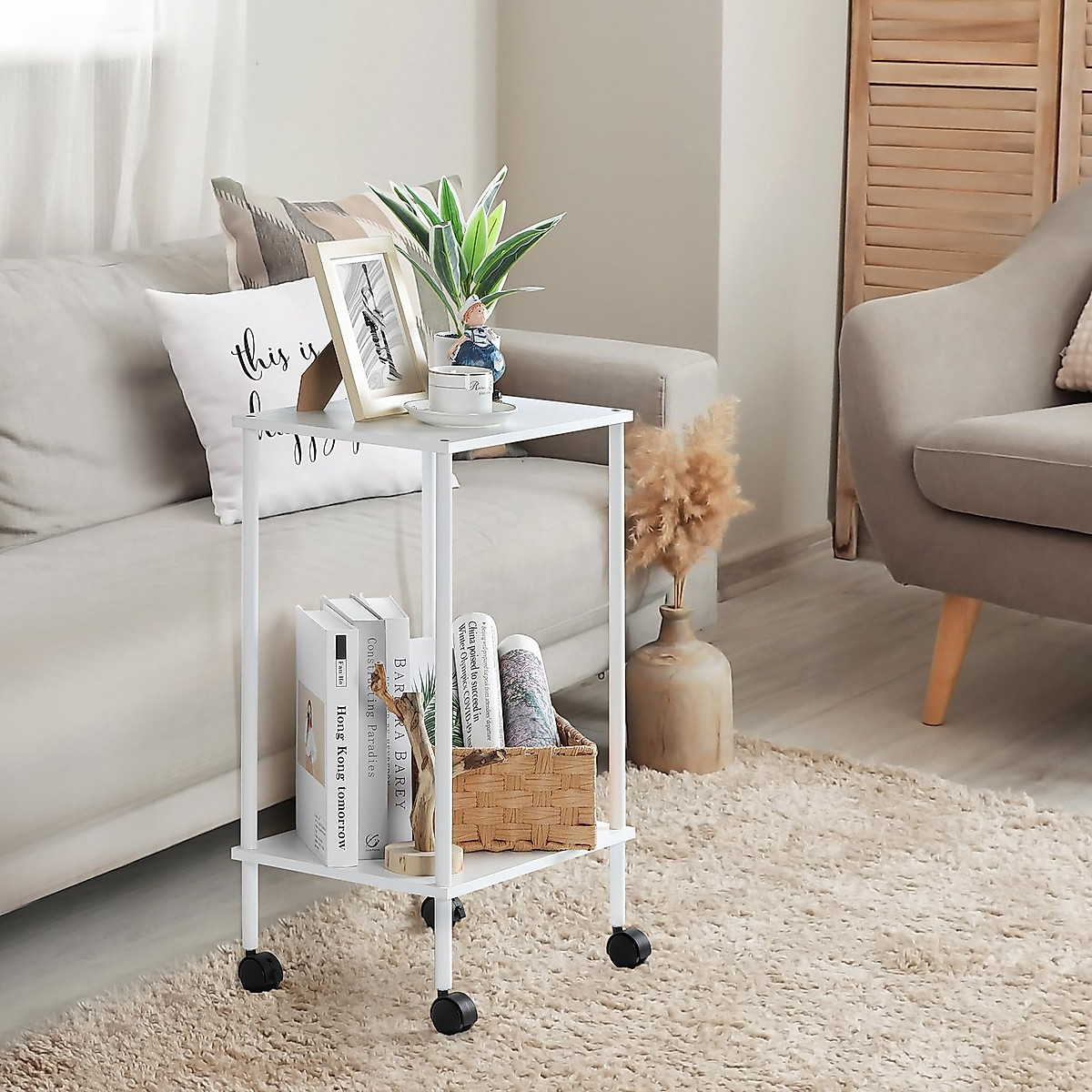 Vrisa End Tables Living Room Industrial Narrow Side Tables Nightstand with Wheels Bedside Table with Storage Shelves for Small Spaces Bedroom Living Room Guest Room Couch, White