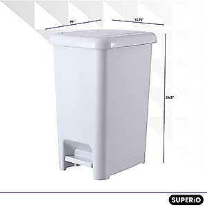 Superio Slim Trash Can with Foot Pedal – 16 Gallon Step-On Trash Can, Tall Plastic Garbage Can, Extra Large Trash Can for Bathroom, Kitchen, Office, Patio, or Backyard – White Smoke